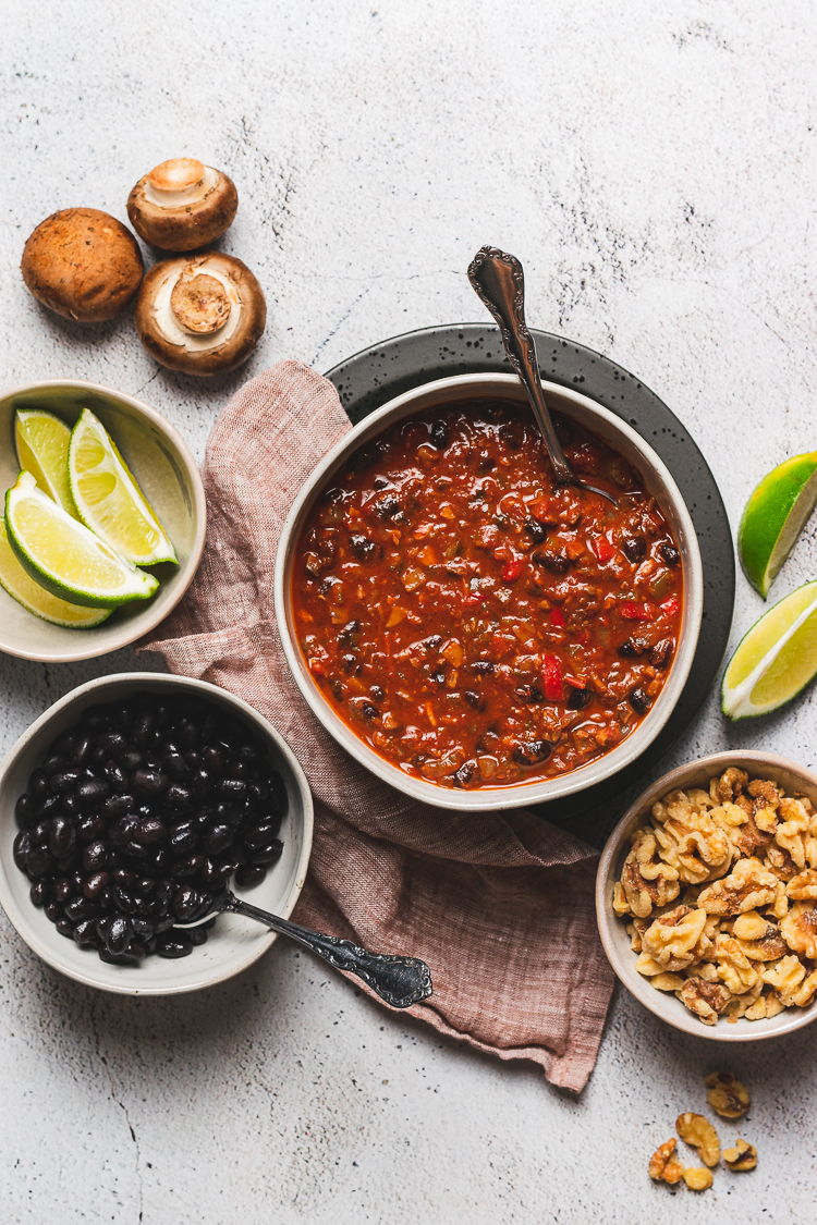 Vegan Mushroom Walnut Chili - Ellie Likes Cooking